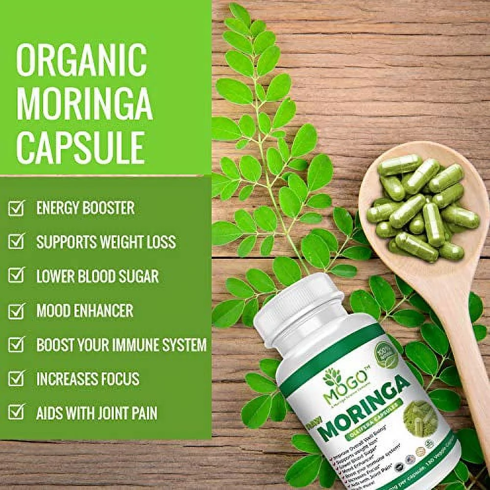 180 Organic Moringa Leaf Powder Capsules -Max 2100Mg per Serving.Immune,Energy Booster ...